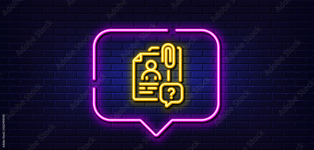 Neon light speech bubble. Search employee line icon. Interview ...