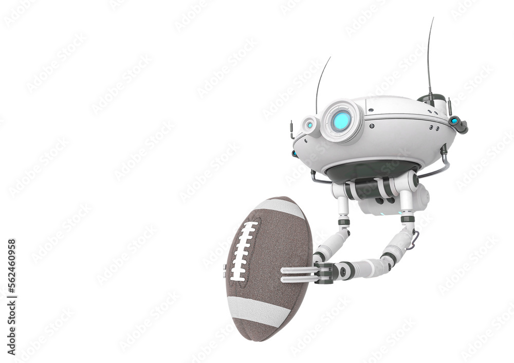 floating robot is holding an american football ball in white background ...