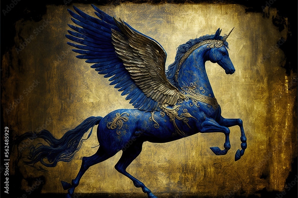 a blue pegasus with wings flying in the air 素材庫插圖 | Adobe Stock