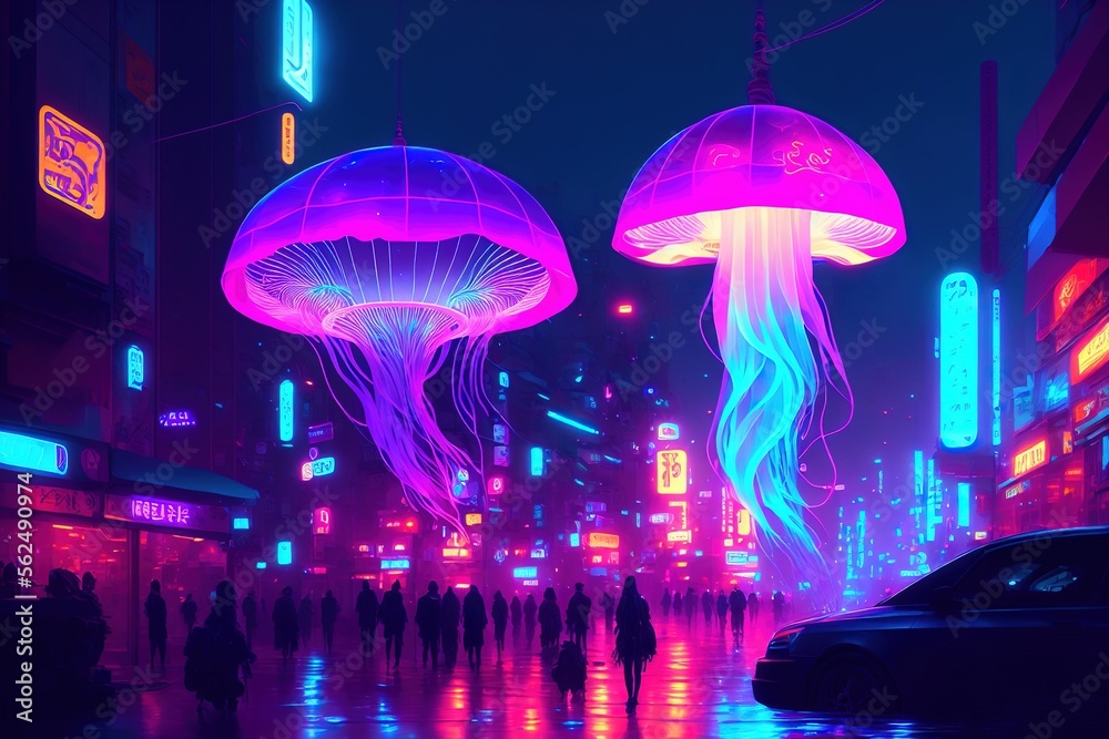 ภาพประกอบ Stock glowing jellyfish flying in the air in cyberpunk city ...