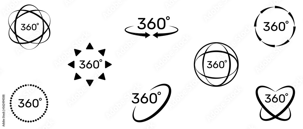 360 degree icon set. Symbol with arrow to indicate the rotation ...