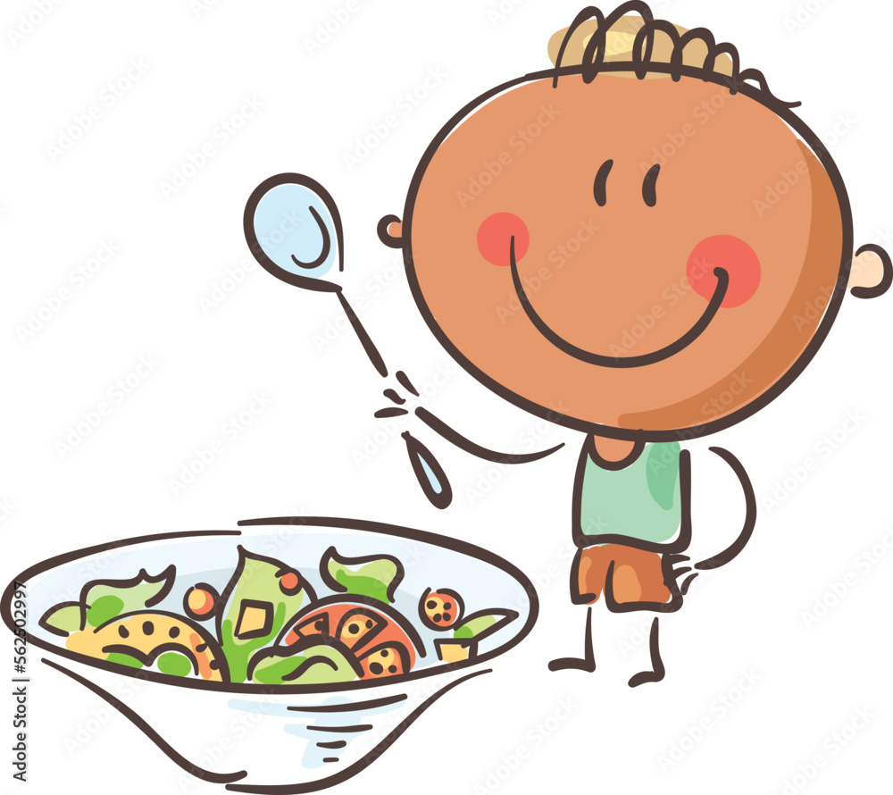 Doodle little kid preparing salad, vegetarian clipart, boy cooking ...