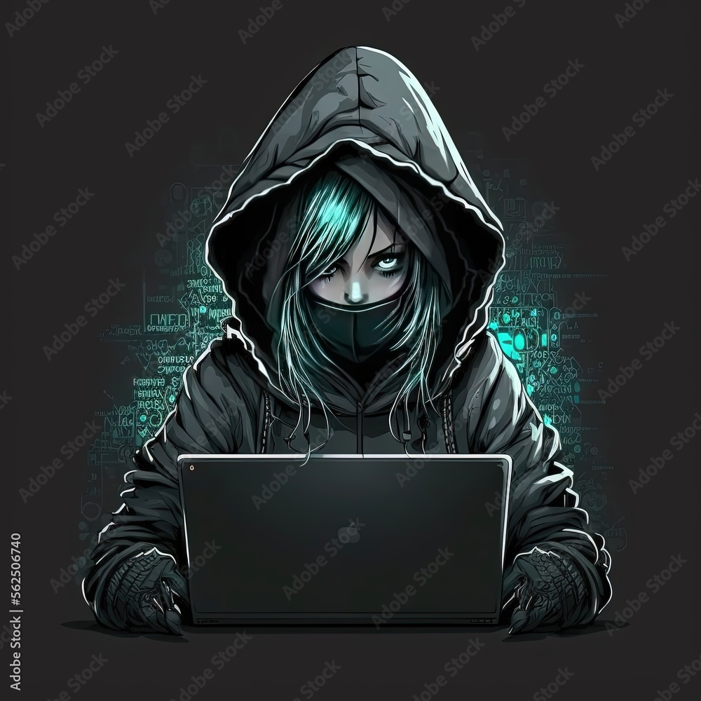 Cute girl hacker with laptop. Avatar in cartoon style. Balck backdrop ...