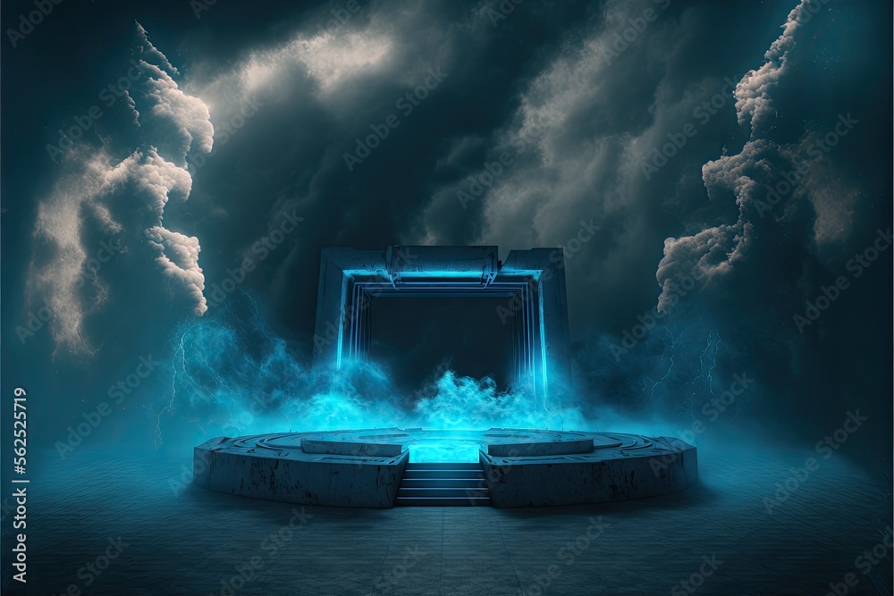 Blue futuristic empty podium stage with Smoke and neon light generative ...