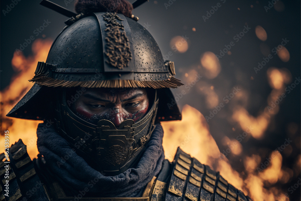samurai in armor on fire background, emotional illustration, cinematic ...