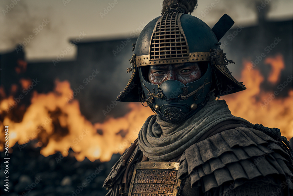 Samurai in a helmet and mask against the background of a burning ruined ...