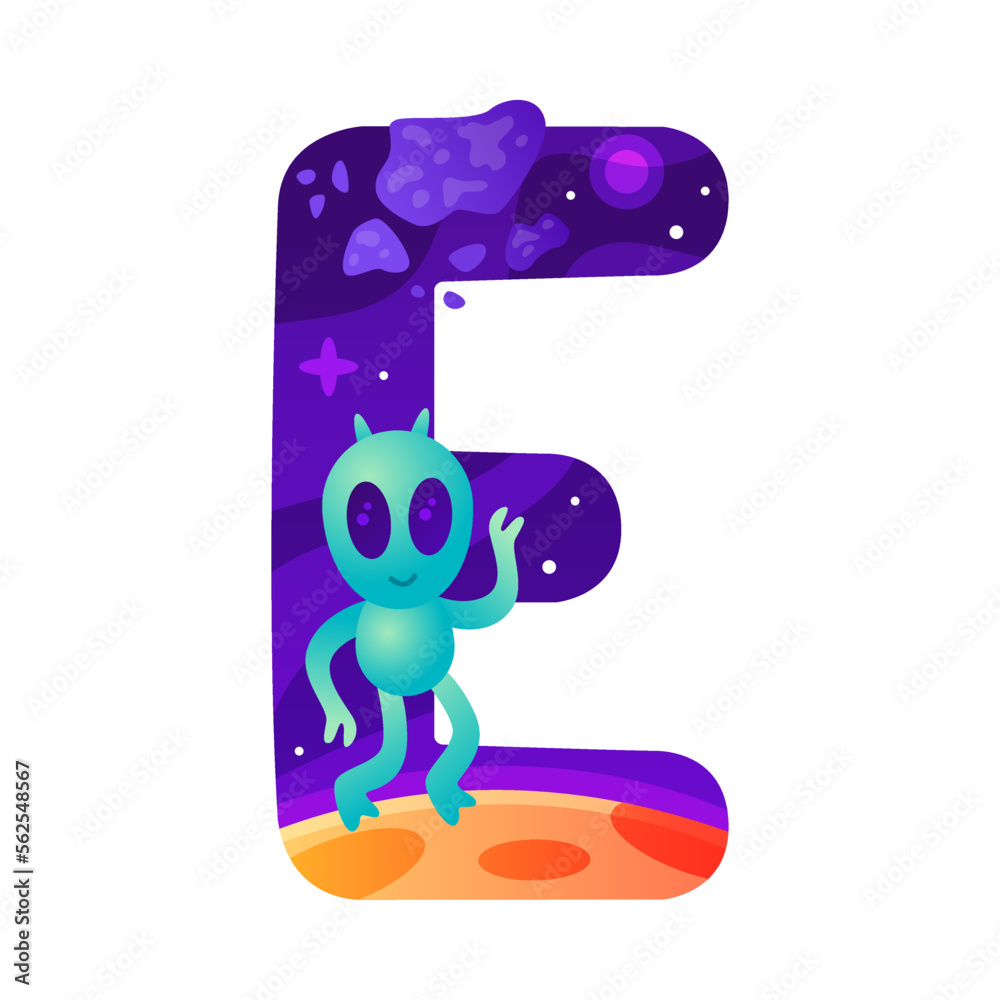 Space Letter E as Font and Alphabet Capital Bold Figure with Alien ...