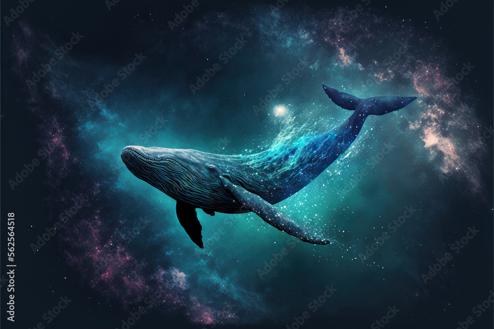 Generative, AI, general, illustration. big whale flying in universe ...