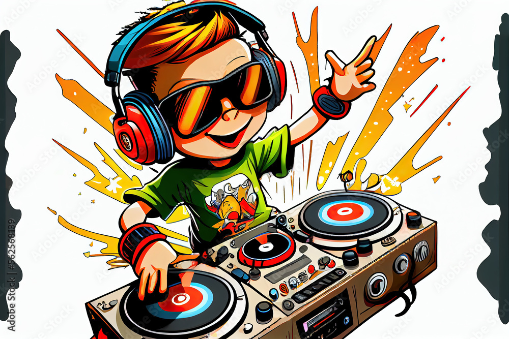 kid dj with headphones and sunglasses cartoon,generative ai Stock ...