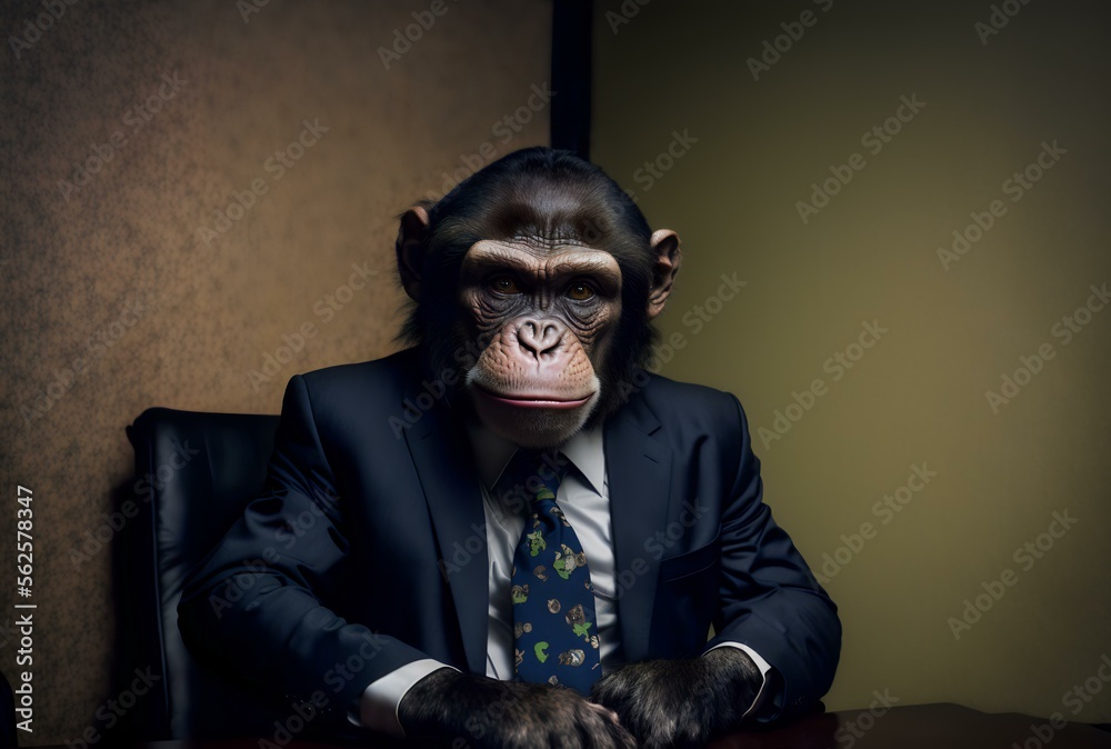 monkey wearing a suit and tie, sitting in a boardroom, symbolising the ...
