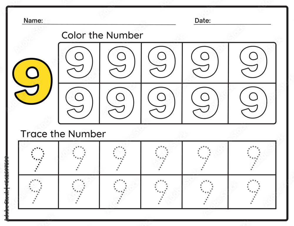 Writing practice number nine printable worksheet for preschool ...