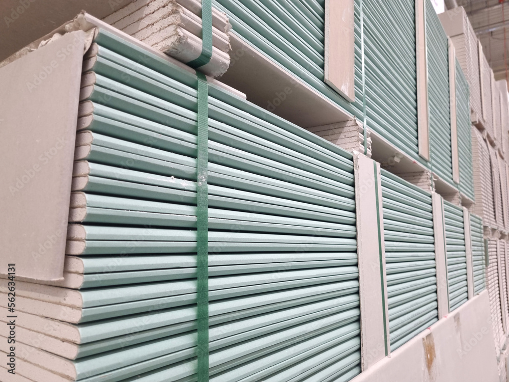 Photo Stock water resistant plasterboard sheets stacked in a hardware ...