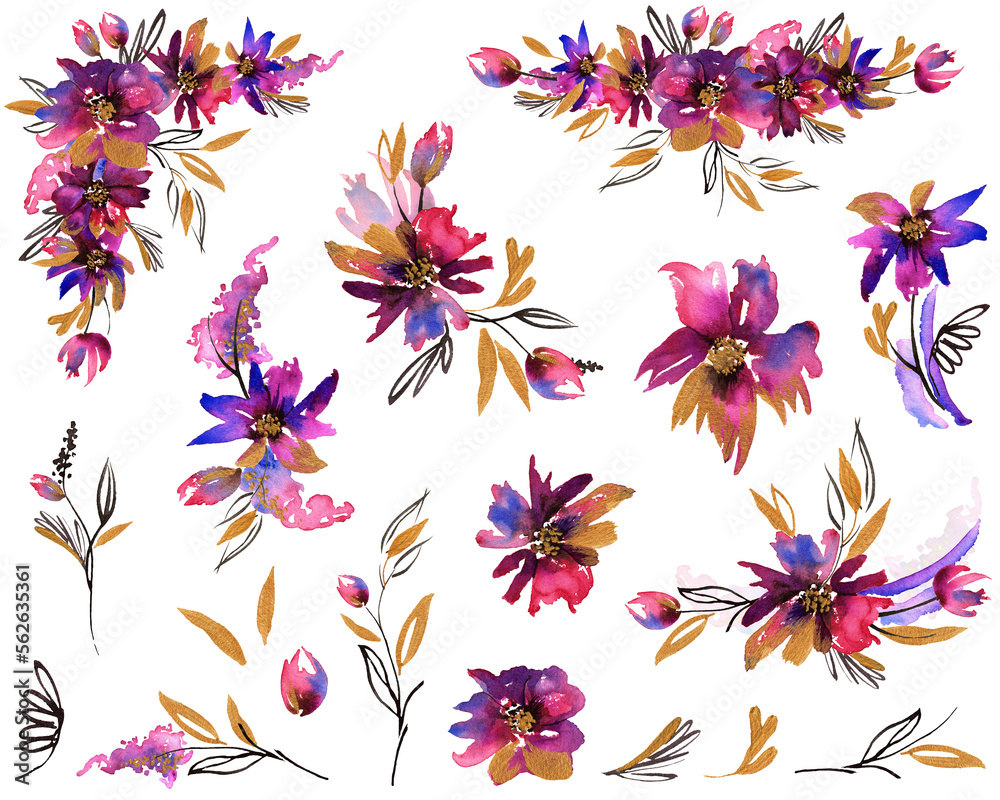 Watercolor flowers clipart. Pink, purple and gold floral set. Elements ...