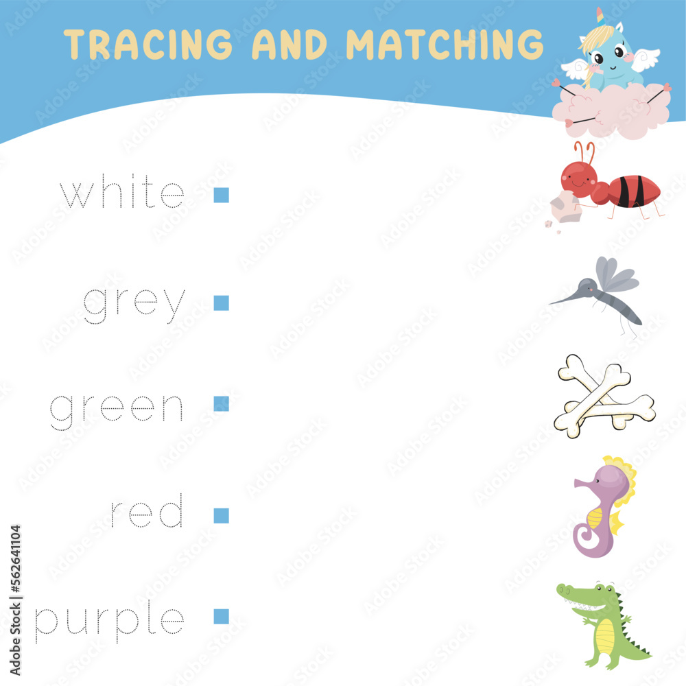 Trace and matching words with pictures. Exercise for children to ...