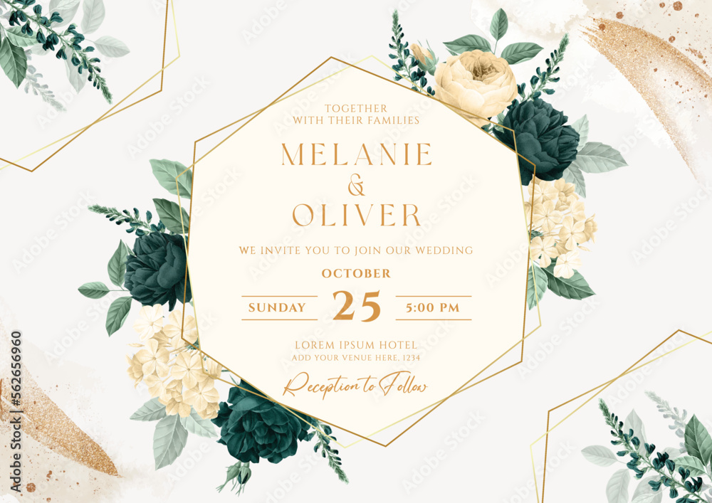 Background wedding invitation template set with emerald green floral ...