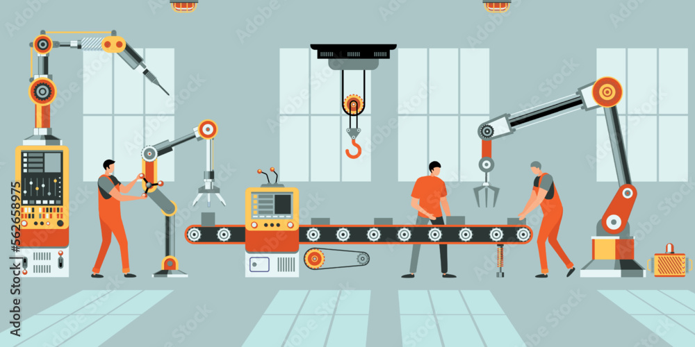 Factory assembly line. Industrial robotic arm conveyor belt machines ...