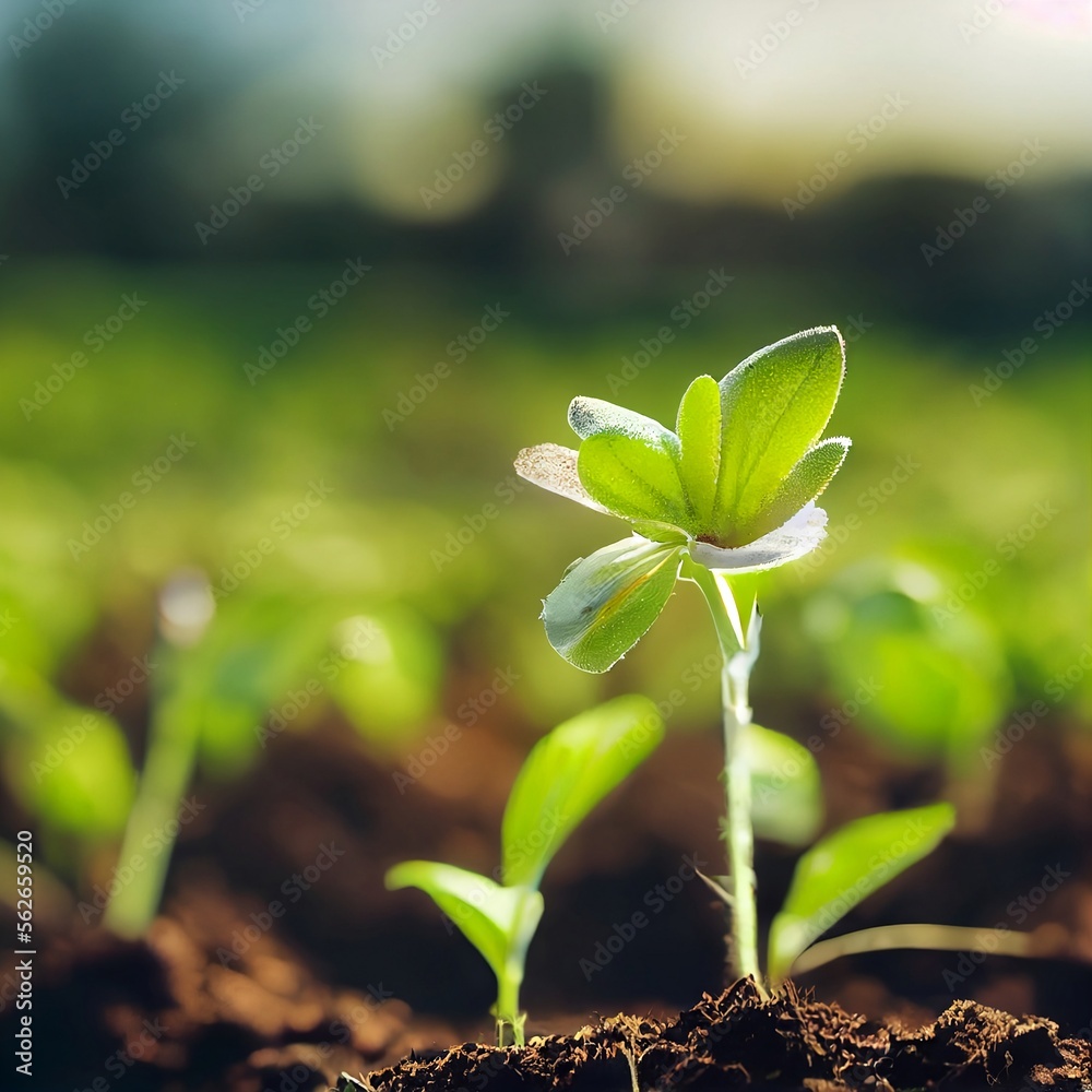 developing plant, Young plant with a ground backdrop and dawn light, a ...