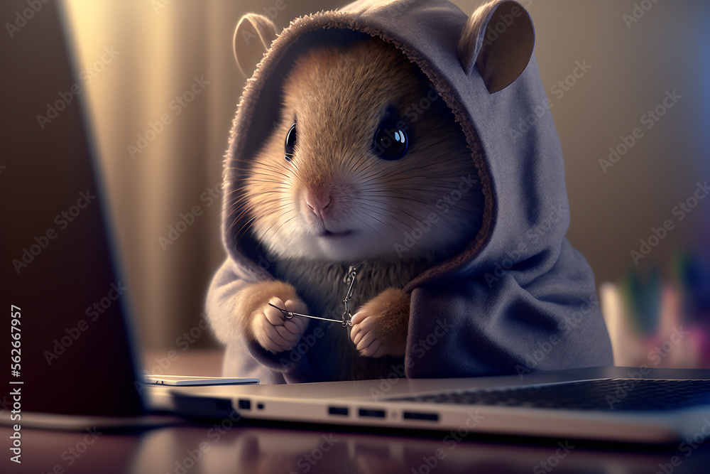 Anthropomorphic tiny cute and adorable baby hamster, hacker, wearing a ...
