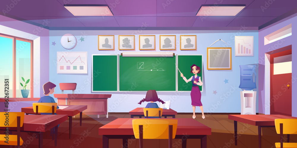 Cartoon classroom for math learning with pupils and teacher at the ...