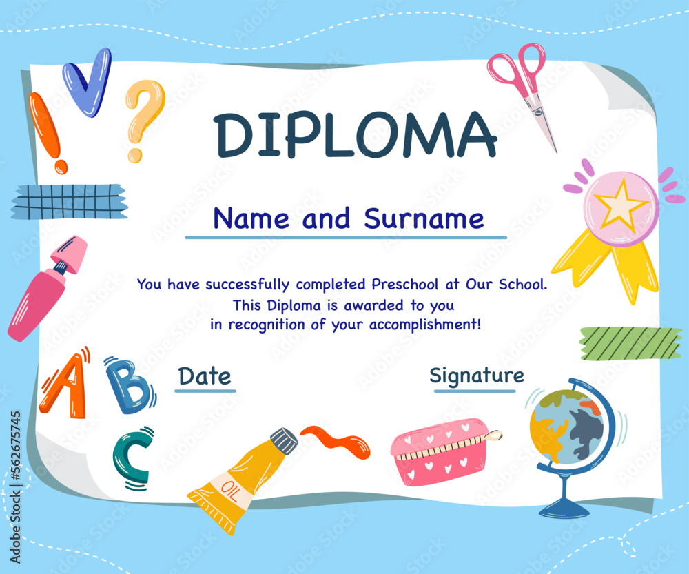 Kindergarten diploma. Colorful school and preschool diploma certificate ...