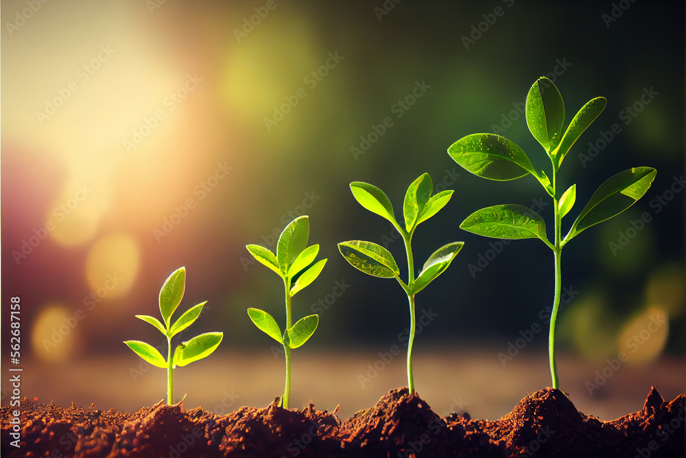A metaphor for business growth and development. Four young plant each next one is higher than ...