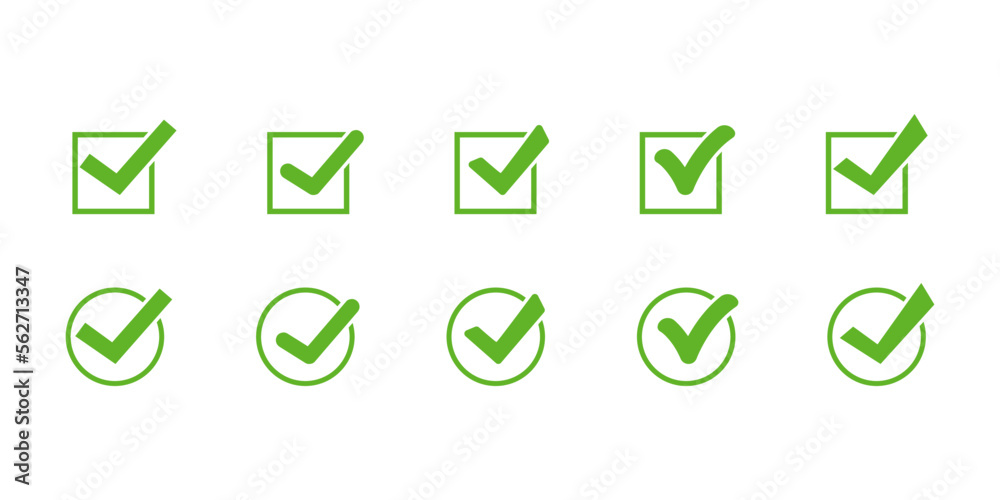 Check mark icon set. Green check marks. Circle and square, hard and ...