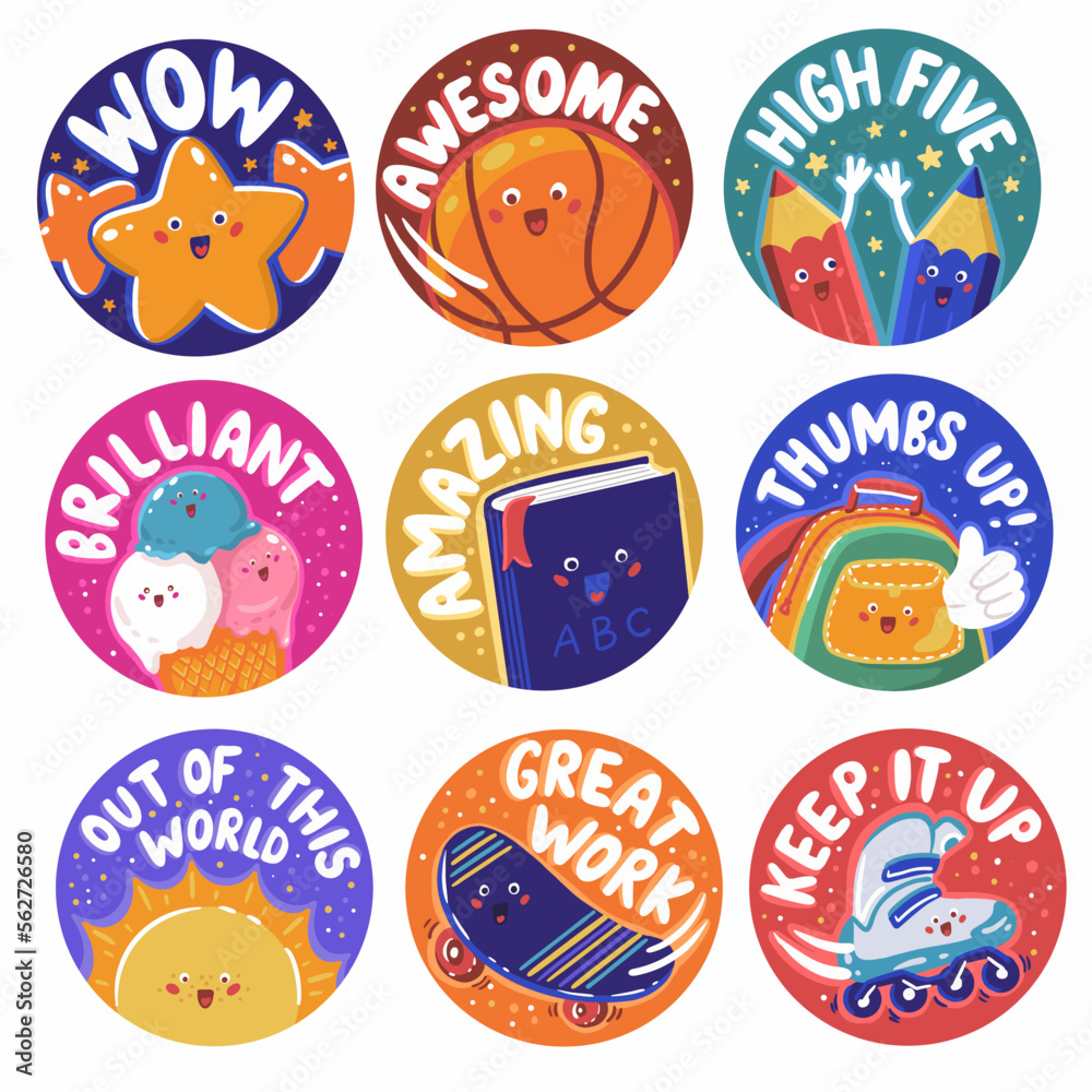 Ball, book, backpack, ice cream, skateboard, rollers. Kid's reward ...