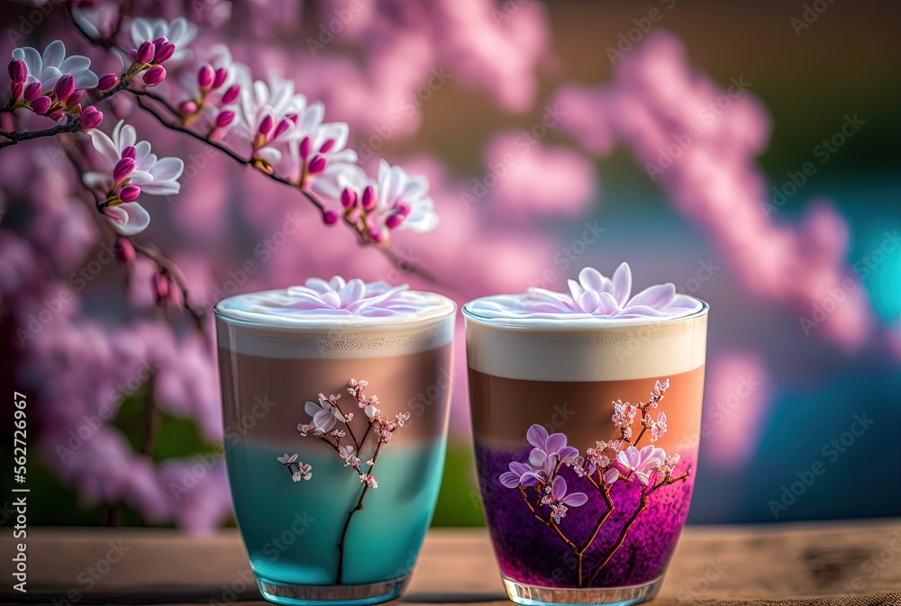 Artistic beautiful romance two cups of latte coffee or chocolate serve ...