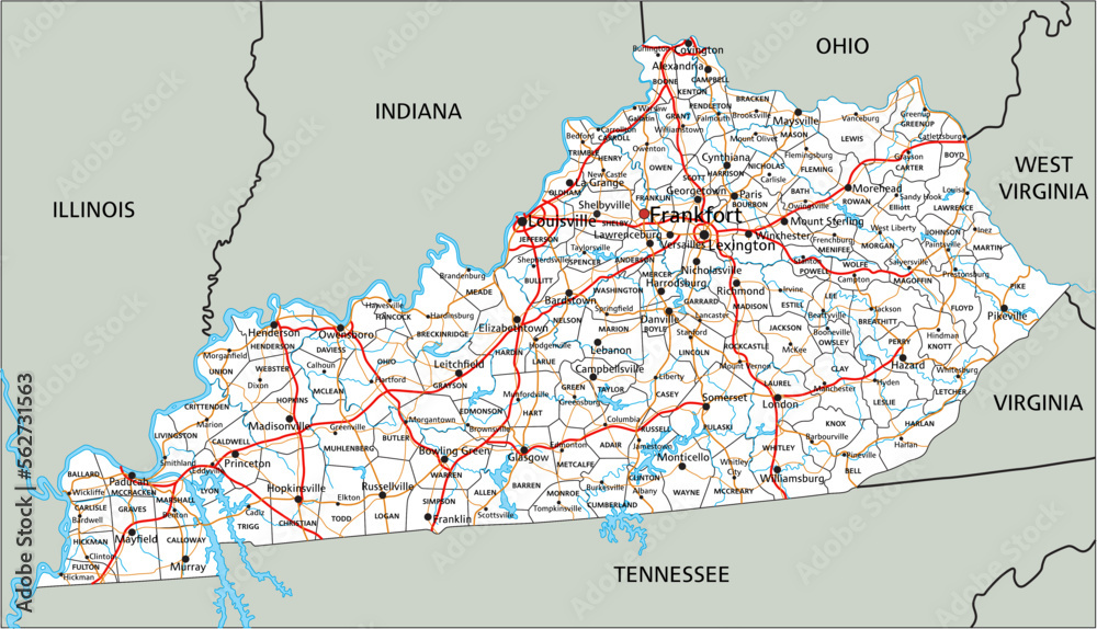 High detailed Kentucky road map with labeling. Stock Vector | Adobe Stock