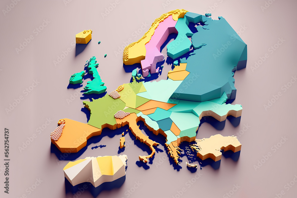 Map of Europe, pastel color, 3D render style, isometric view. Generative AI illustration. Stock ...