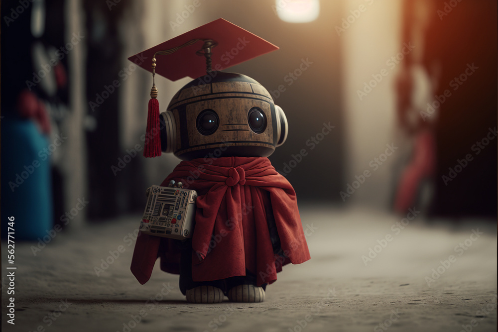 little cute robot wearing a red graduation cap and gown, beautiful big ...