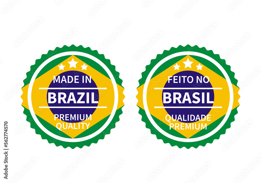 Made in Brazil labels round in English and in Portuguese languages ...