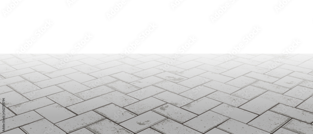 Vanishing perspective concrete herringbone block pavement vector background with texture. Tile ...