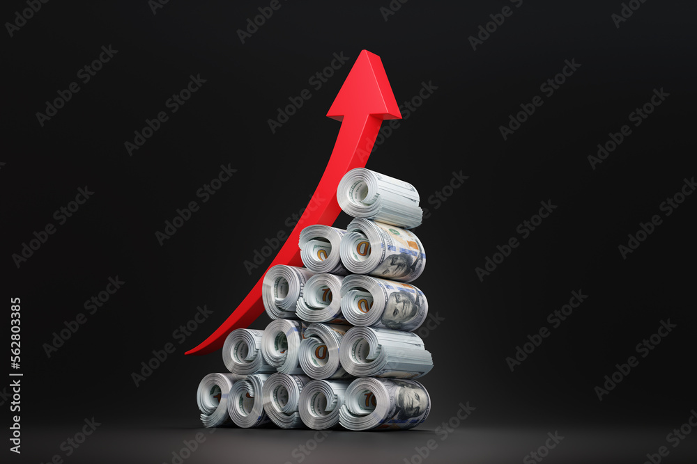 Stock graph formed by rolls of US one hundred dollar bills with a red ...
