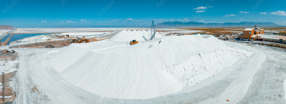 Salt Lake City, Utah landscape with desert salt mining factory at lake ...
