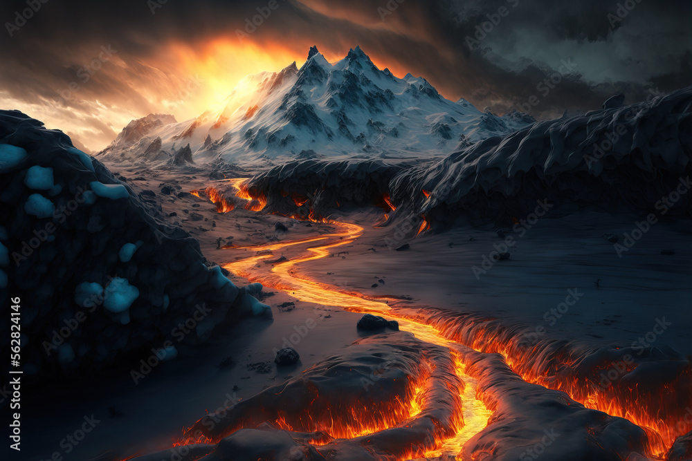 Sun rays shining behind a mountain. Lava river. Lake of lava crossing a ...