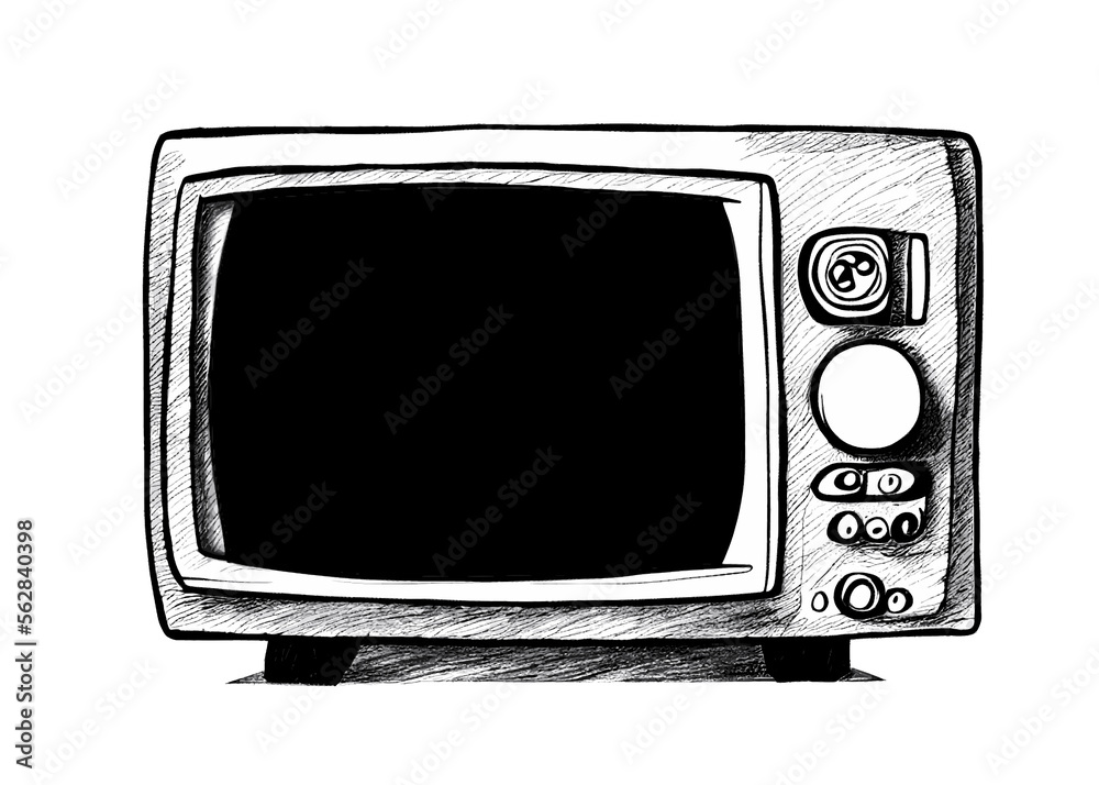A cute ink sketch drawing illustration of an old retro vintage tv set ...