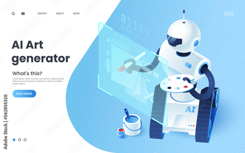 Vector de Stock Isometric Robot drawing a picture on digital display ...