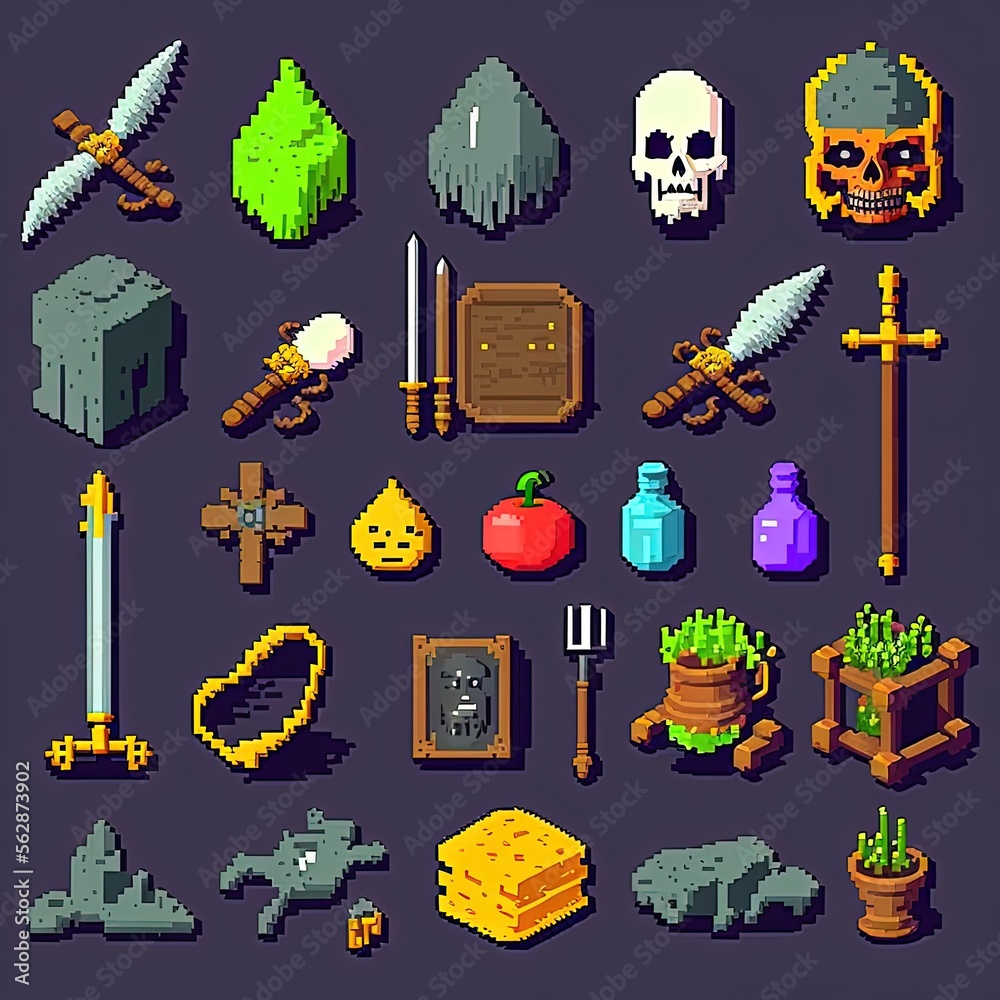Pixel art set of RPG game items, collection of objects for RPG game ...
