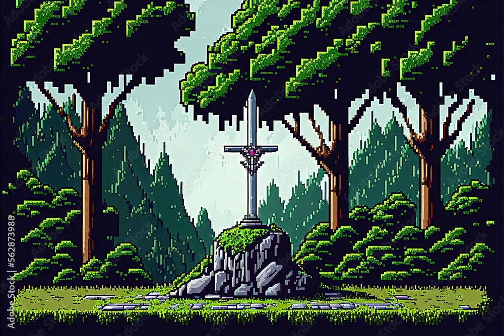 Pixel art sword stuck in stone in forest, excalibur sword, background ...