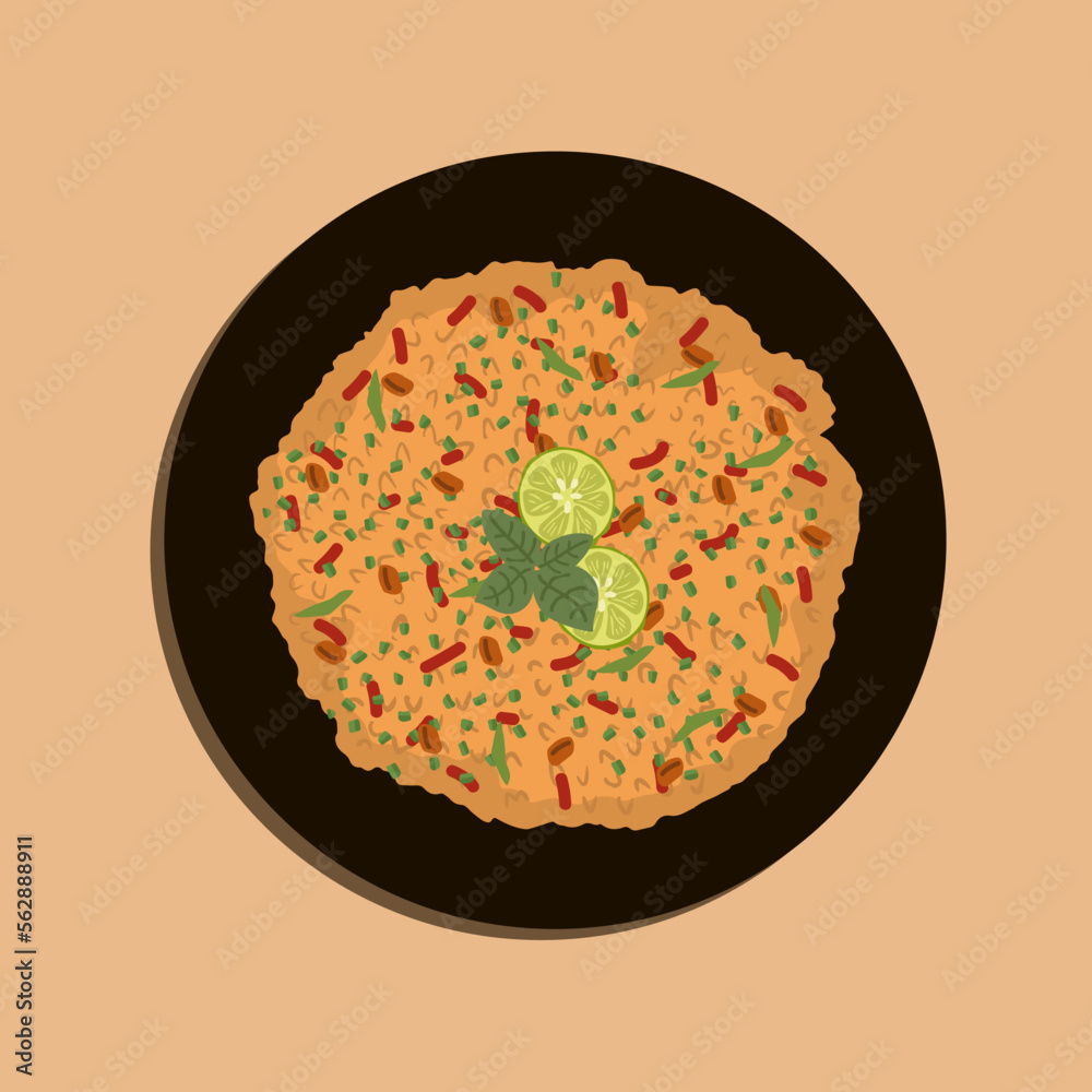 Food illustration cartoon, Mexican rice with tomatoes and onion served ...