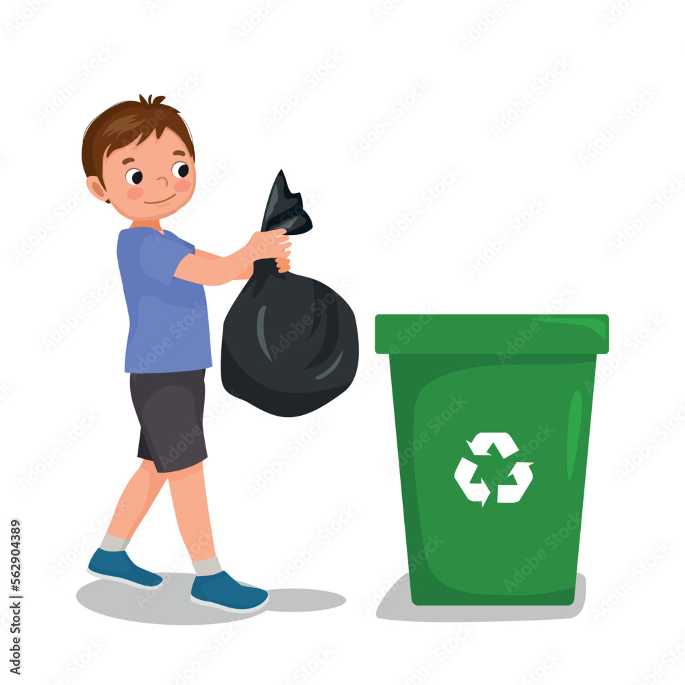 cute little boy taking out the trash in garbage bag into recycling bin ...