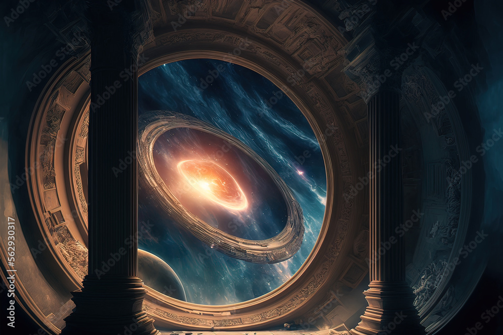 Fantasy night space landscape with sci-fi observatory, platform, starry ...