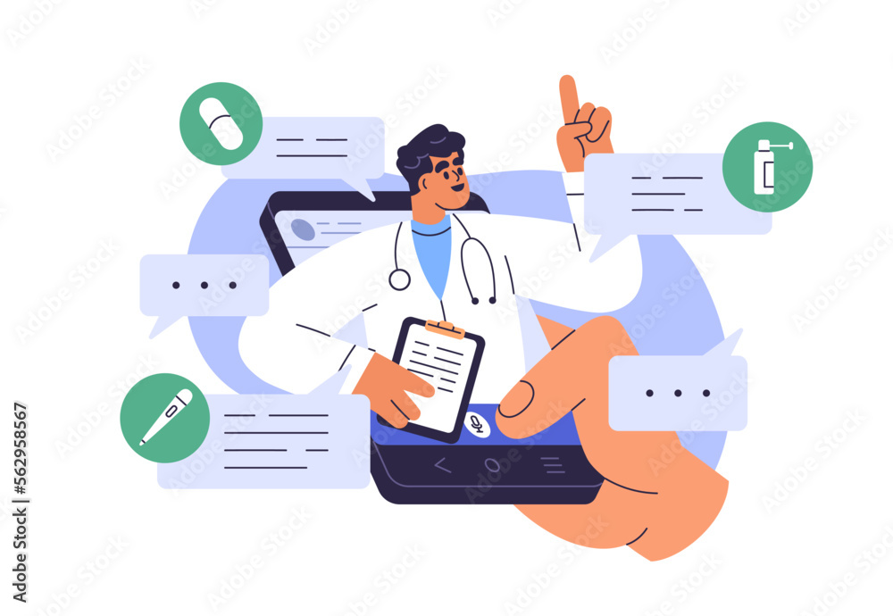 Online doctor speaking during virtual remote consultation via mobile ...