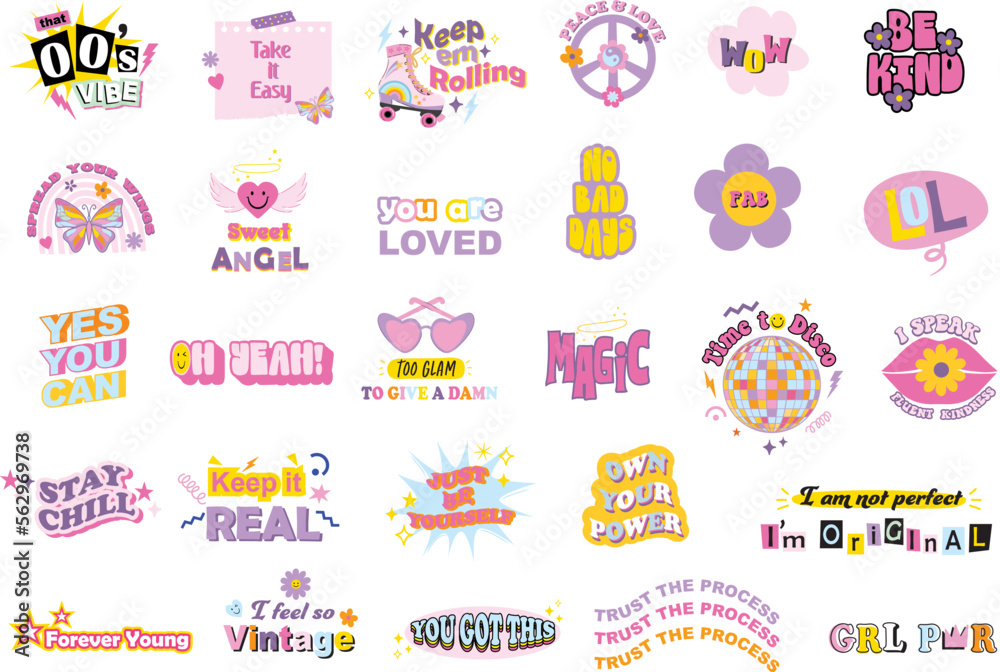 Colorful set of Inspirational quotes and doodles in 90s and Y2k style ...