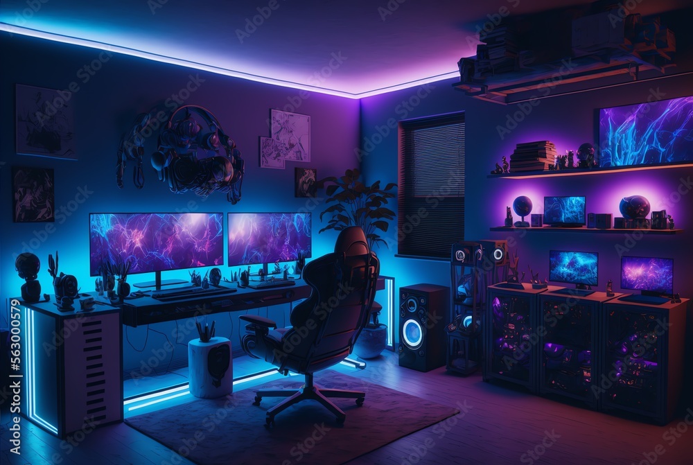 Gamer workspace with RGB lights, neon colors. Video game streamer ...