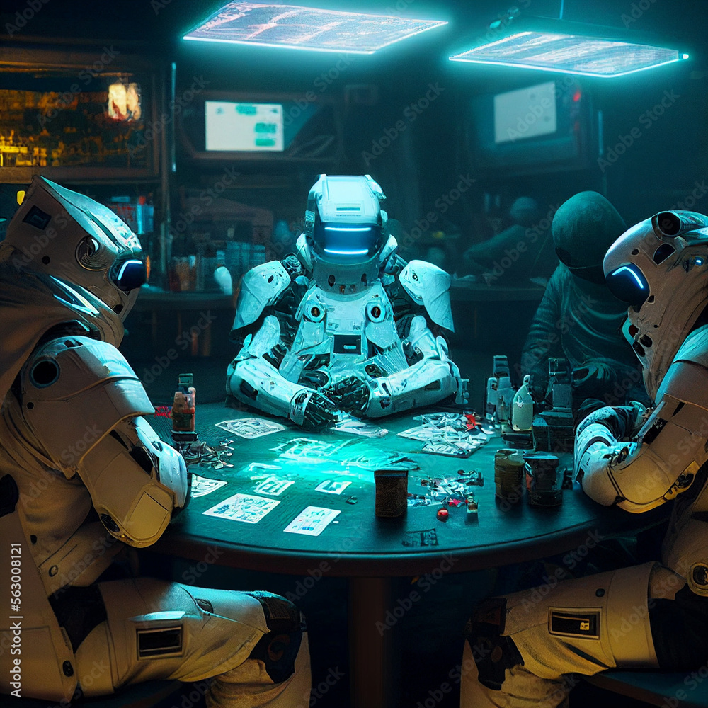 Ilustración de Stock Futuristic robots playing poker in space under blue lights, digital art ...