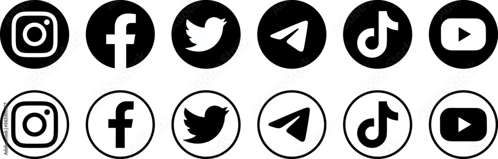 Vector de Stock Social media icons. Instagram black round, Facebook circle, Twitter, Telegram ...
