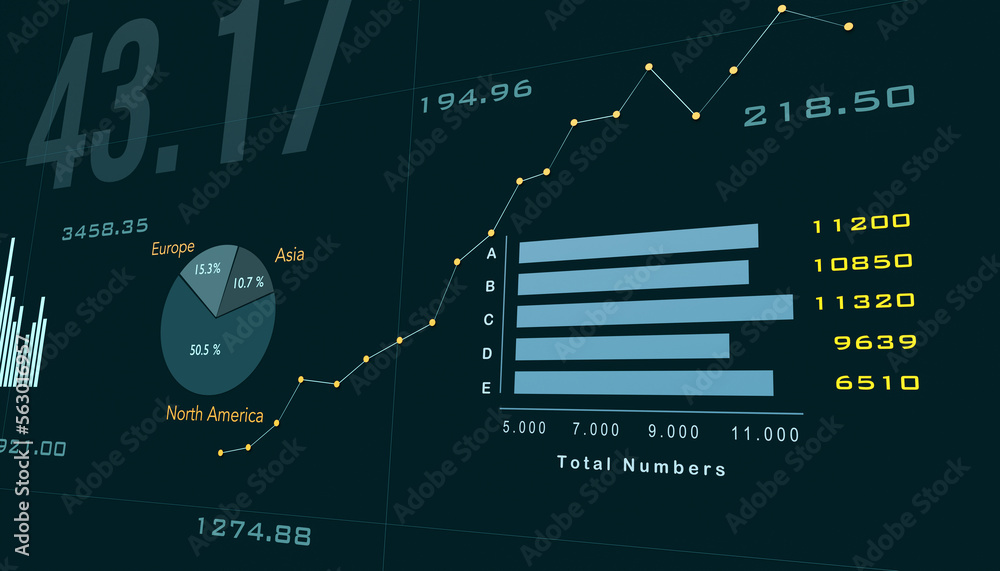 Business monitor, financial report with pie chart and company financial ...