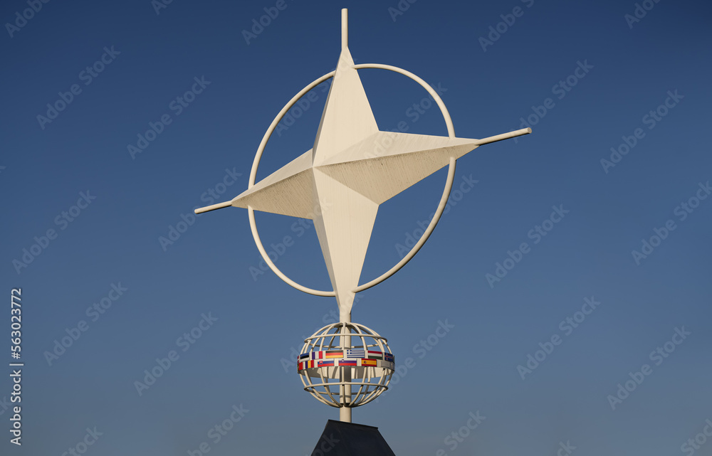 NATO logo concept image. Verical photo of a NATO (OTAN) monument from ...